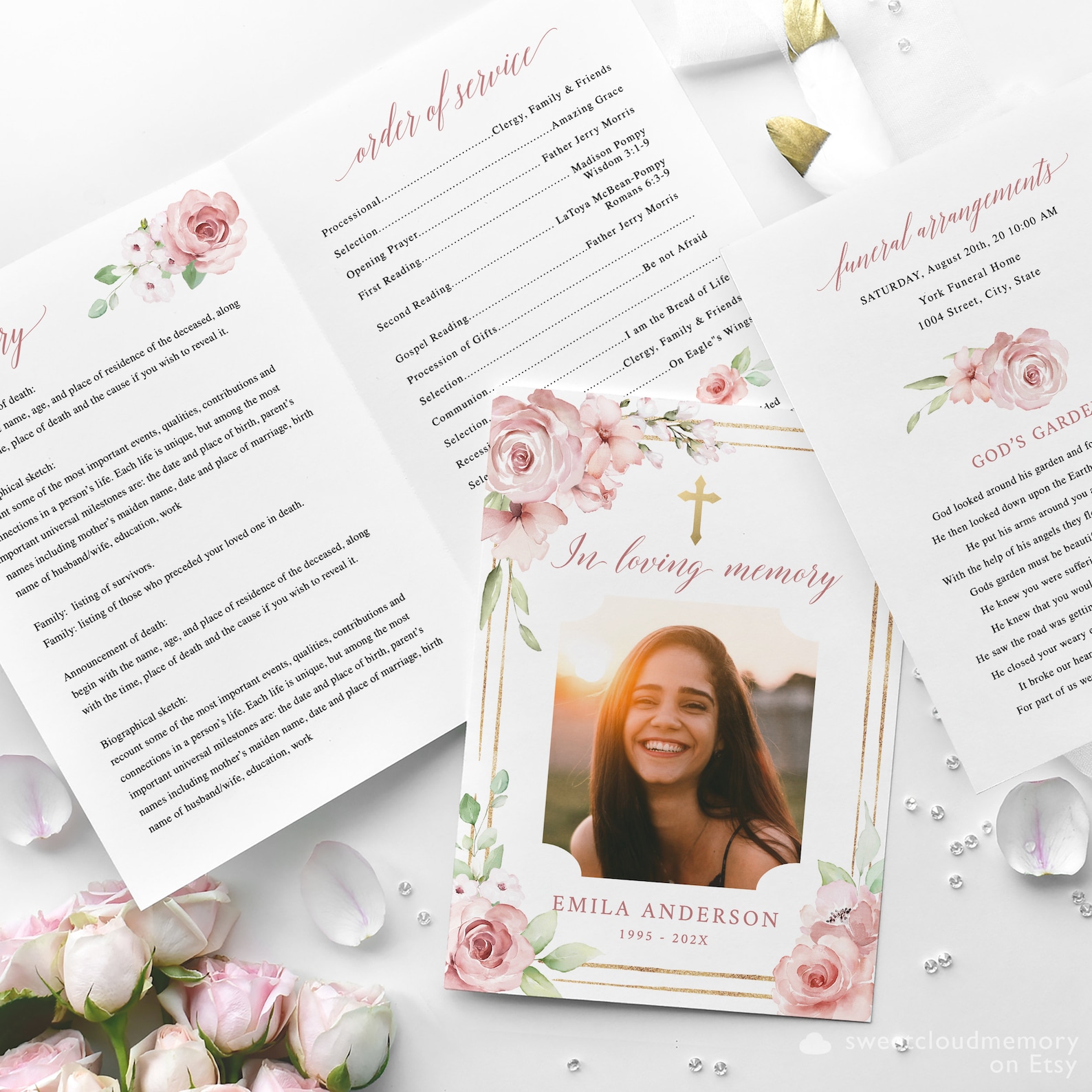 Blush Rose Funeral Program Template Gold Cross Funeral Memorial Program ...