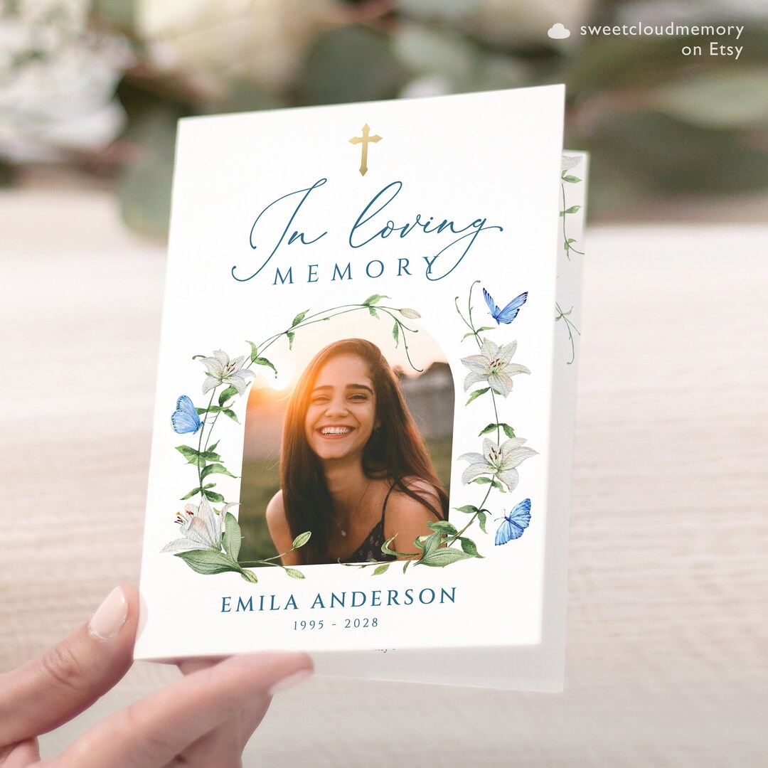 White Lily Blue Butterfly Funeral Program Gold Cross Template White ...