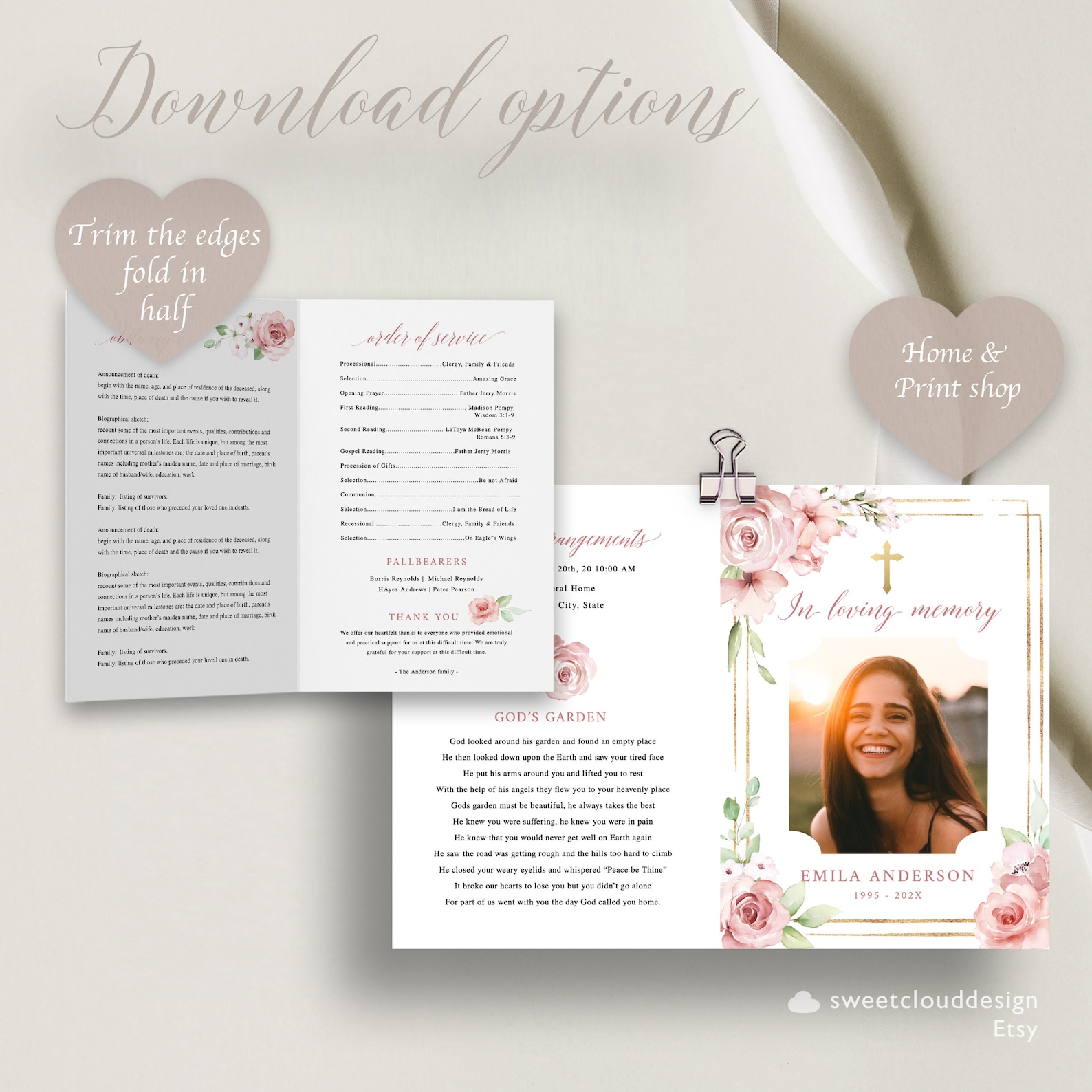 Blush Rose Funeral Program Template Gold Cross Funeral Memorial Program ...