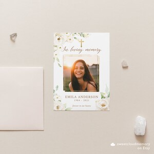 White Rose Funeral Photo Prayer Card Gold Cross White Floral Funeral ...
