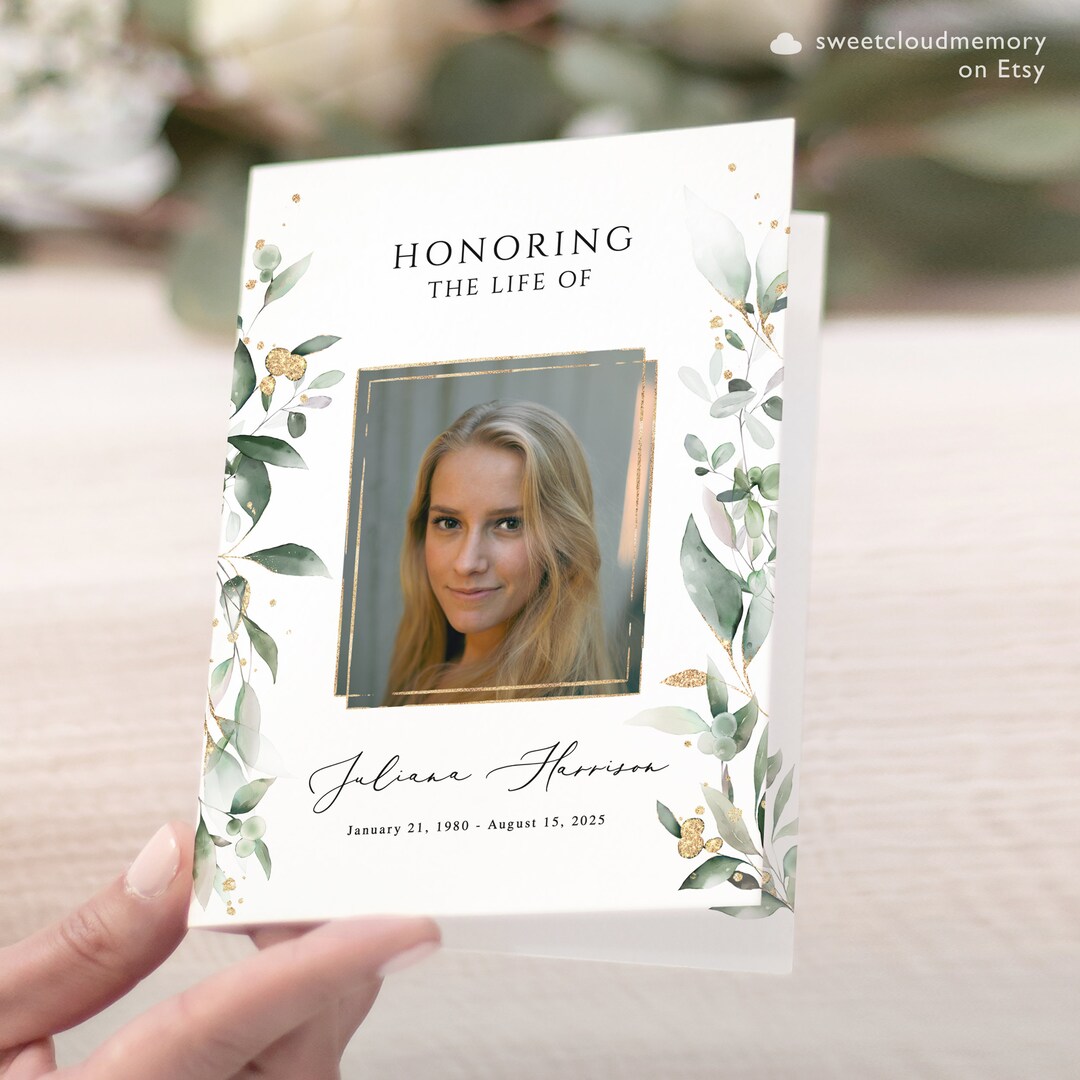 Gold and Greenery Funeral Program Template Blush Greenery Funeral ...