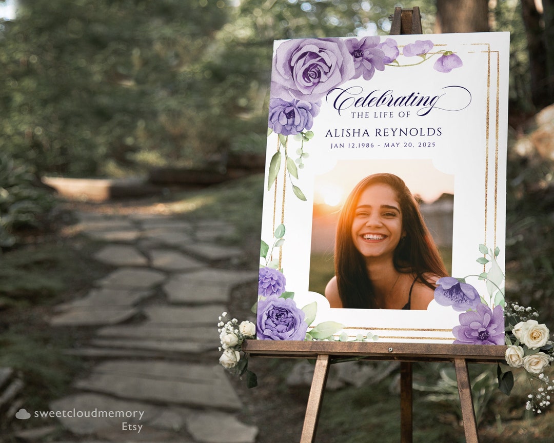 Purple Floral Celebrating the Life Sign Dusty Purple Life Celebration ...
