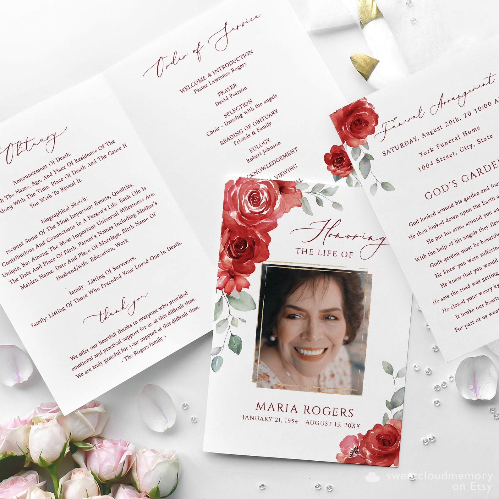 Red Floral Funeral Program Template Gold Cross Deep Red Rose Memorial ...