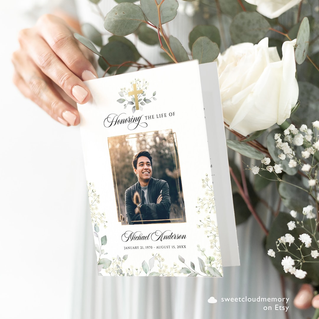 Gold Cross Funeral Program Template Greenery Funeral Memorial Program ...