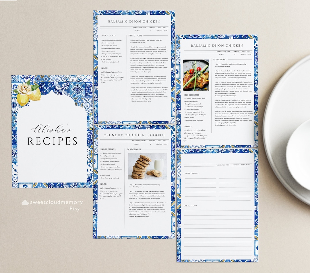 Blue Tile Recipe Book Template Cookbook Blue Mediterranean Editable ...