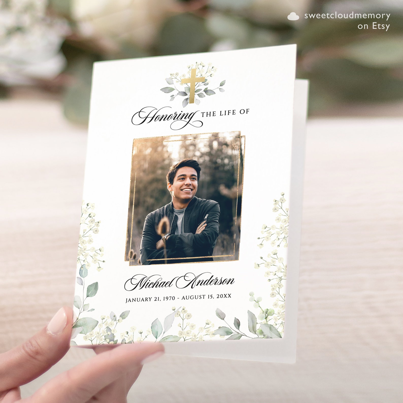 Gold Cross Funeral Program Template Greenery Funeral Memorial Program ...