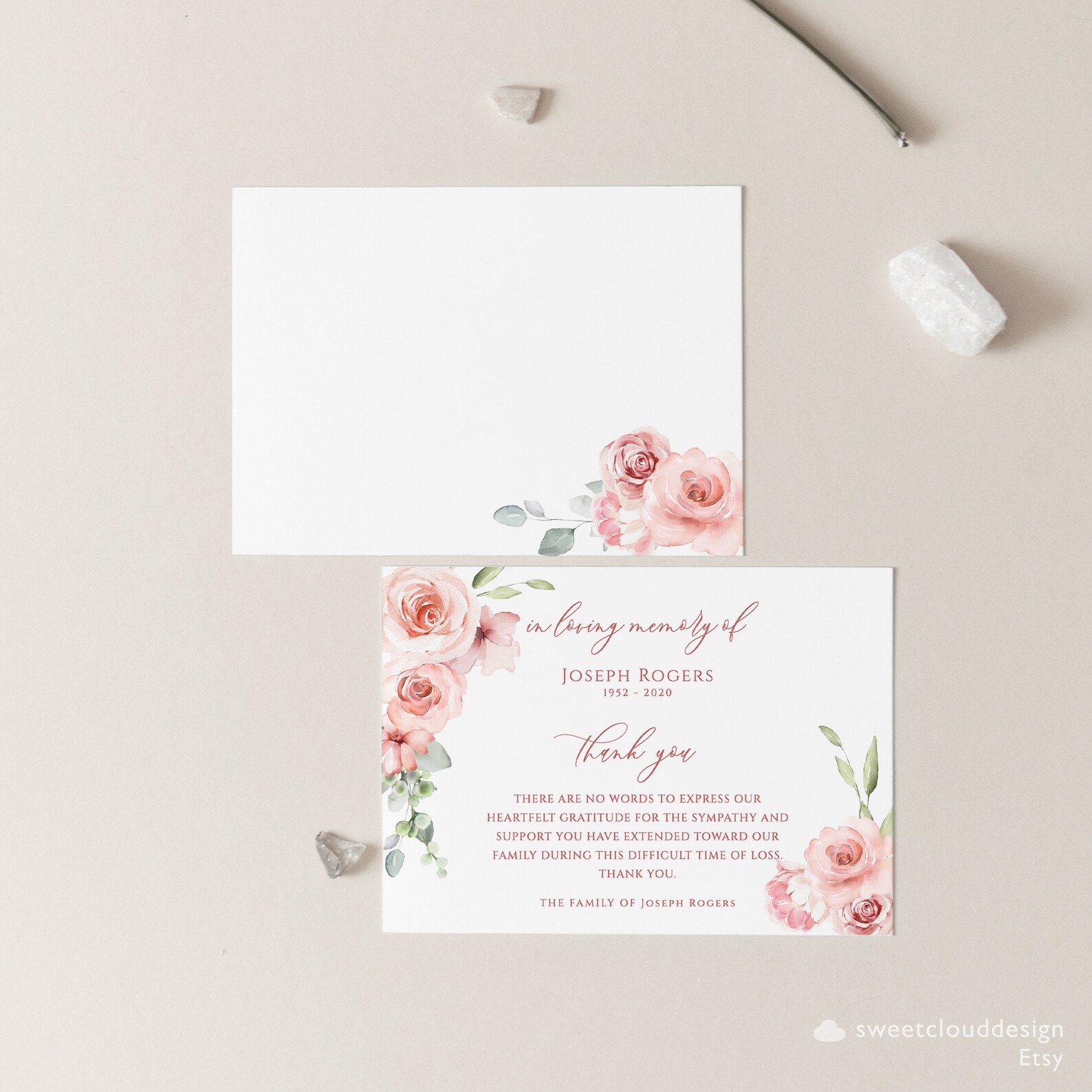 Blush Floral Funeral Thank You Card Pink Flower Funeral Thank - Etsy