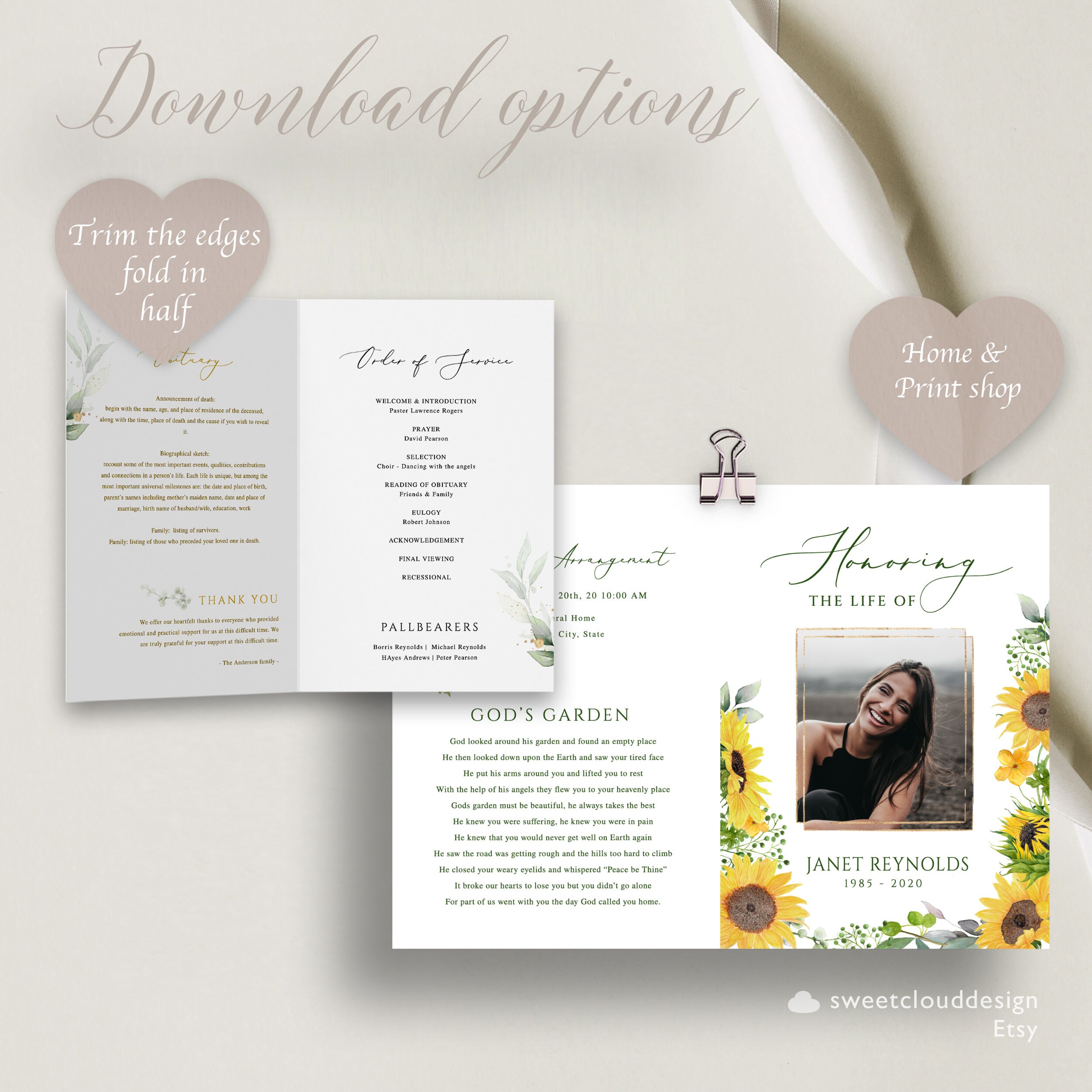 Sunflower Funeral Program Template Yellow Flower Funeral - Etsy Australia