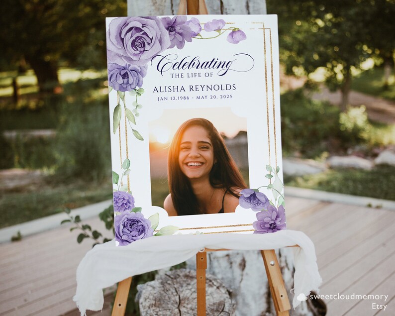 Purple Floral Celebrating the Life Sign Dusty Purple Life Celebration ...