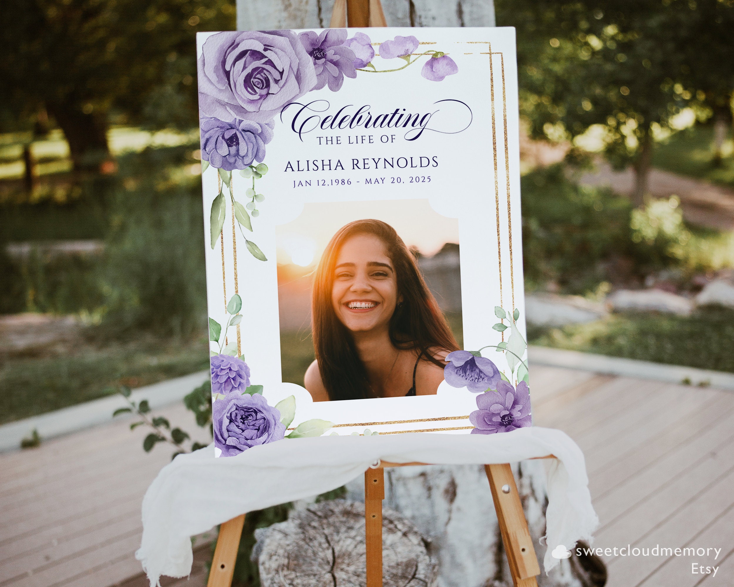 Purple Floral Celebrating the Life Sign Dusty Purple Life Celebration ...