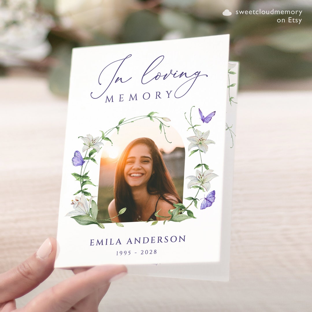 White Lily Purple Butterfly Funeral Program Template White Floral ...