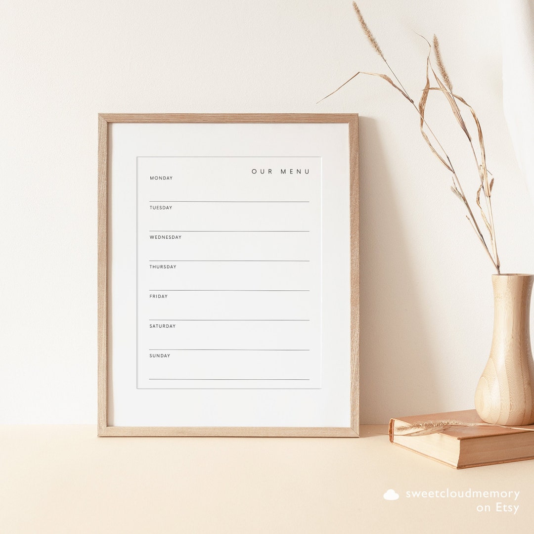 Weekly Menu Chart Editable Simple Menu Table Card Weekly Menu Sign ...