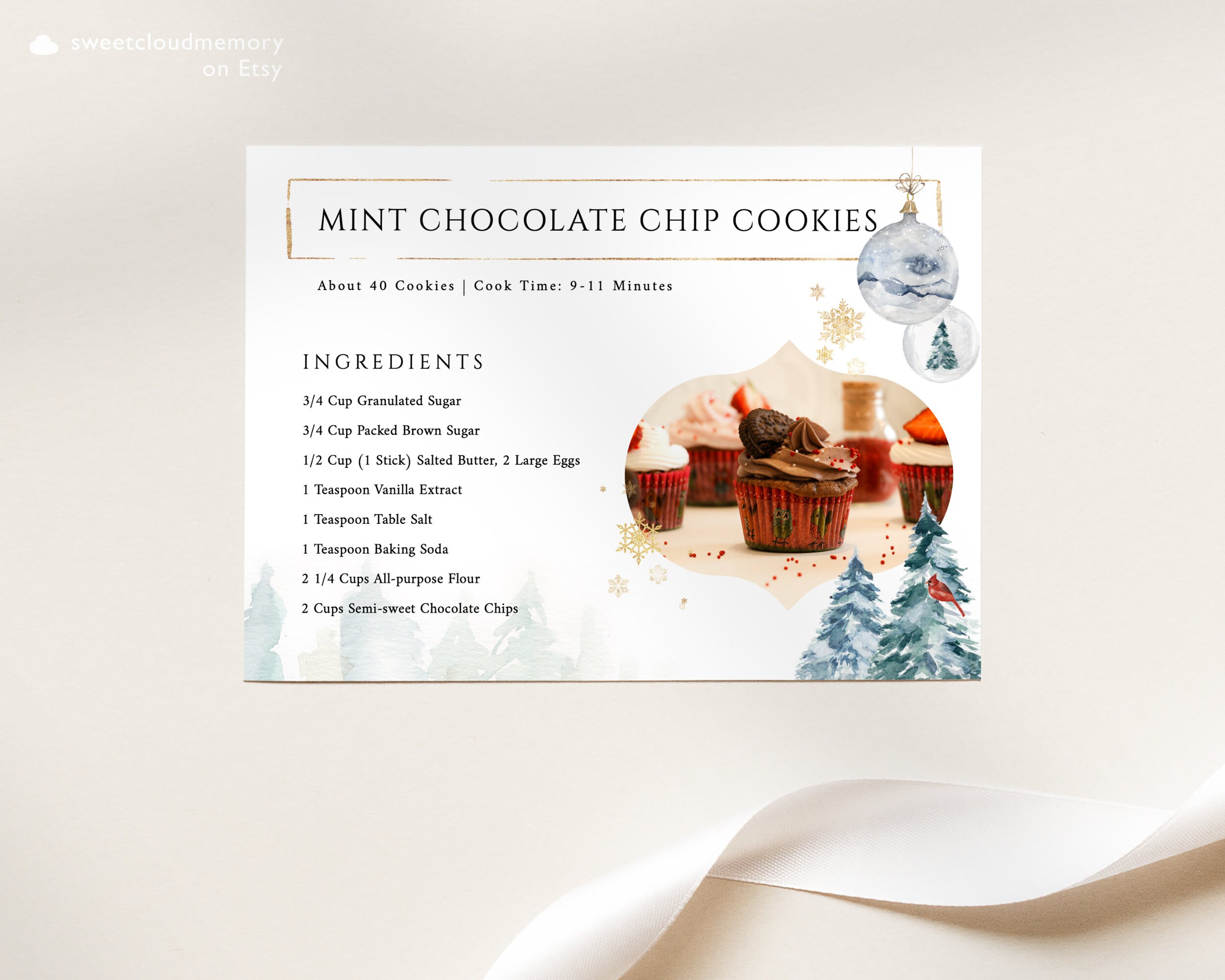 Christmas Photo Recipe Card Template Editable Gold Frame | Etsy