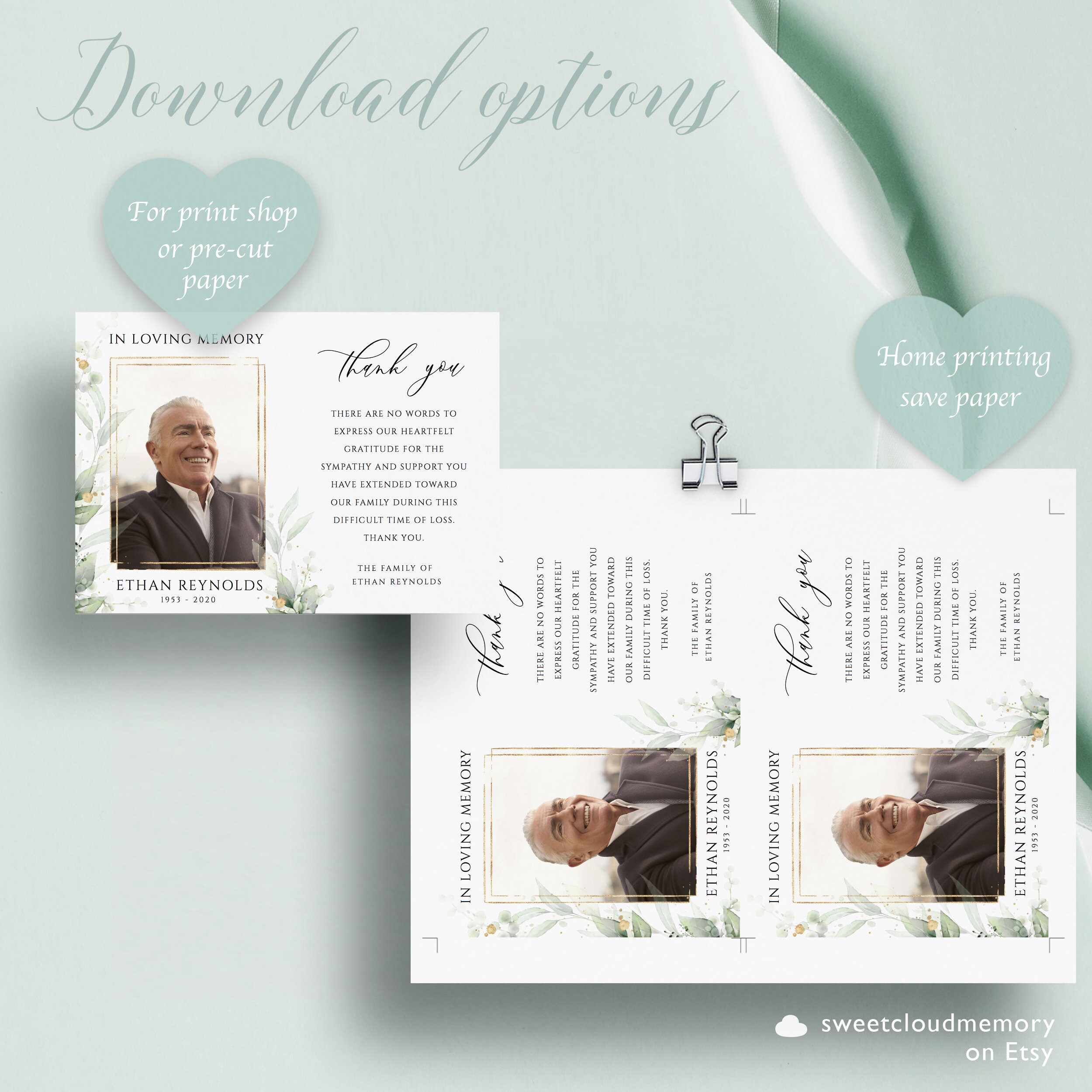 Gold Funeral Thank You Card Greenery Funeral Thank You Photo Editable ...
