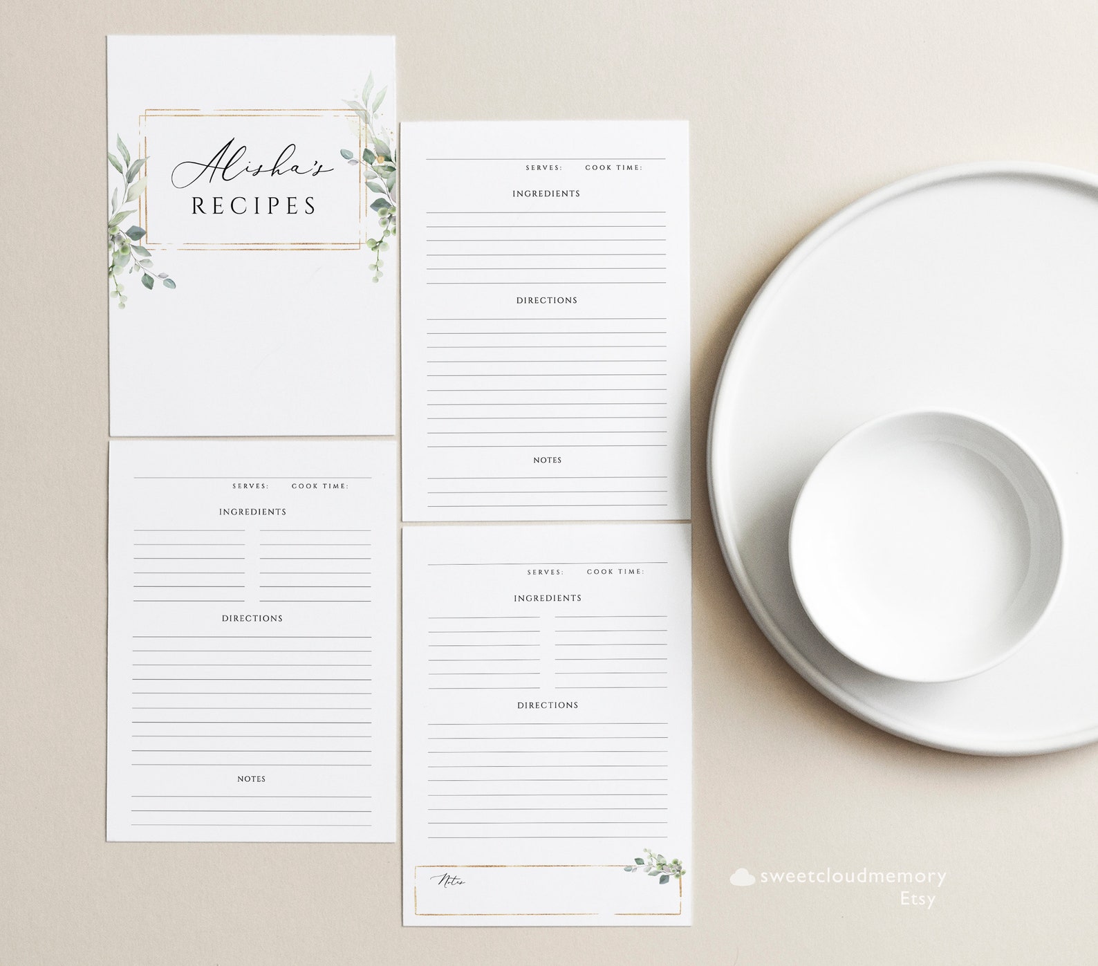 A5 SIZE Gold and Greenery Recipe Template Editable Gold Frame Printable ...