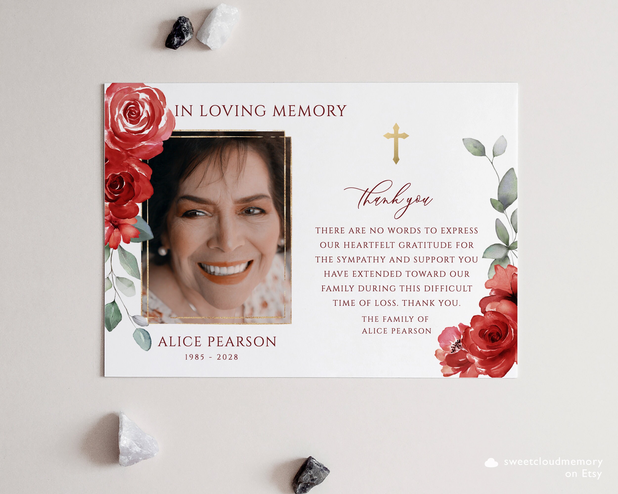 Red Rose Funeral Thank You Card Gold Cross Funeral Thank You Card ...