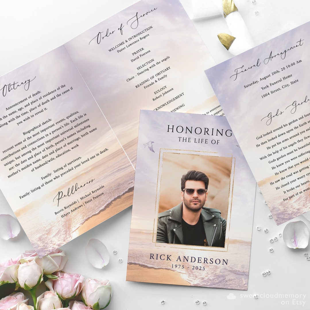 Sunset Ocean Funeral Program Template Seascape Funeral Memorial Program ...