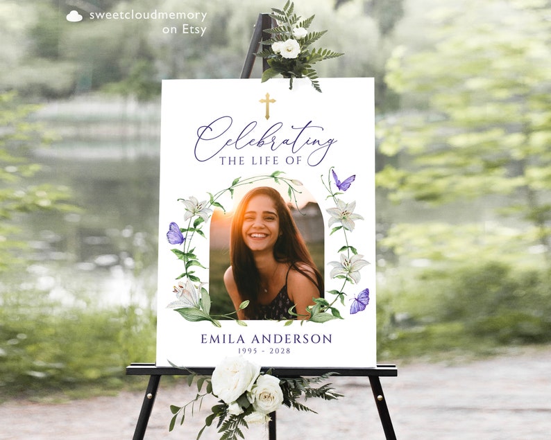 White Lily Celebrating the Life Sign Purple Butterfly White Floral Life ...