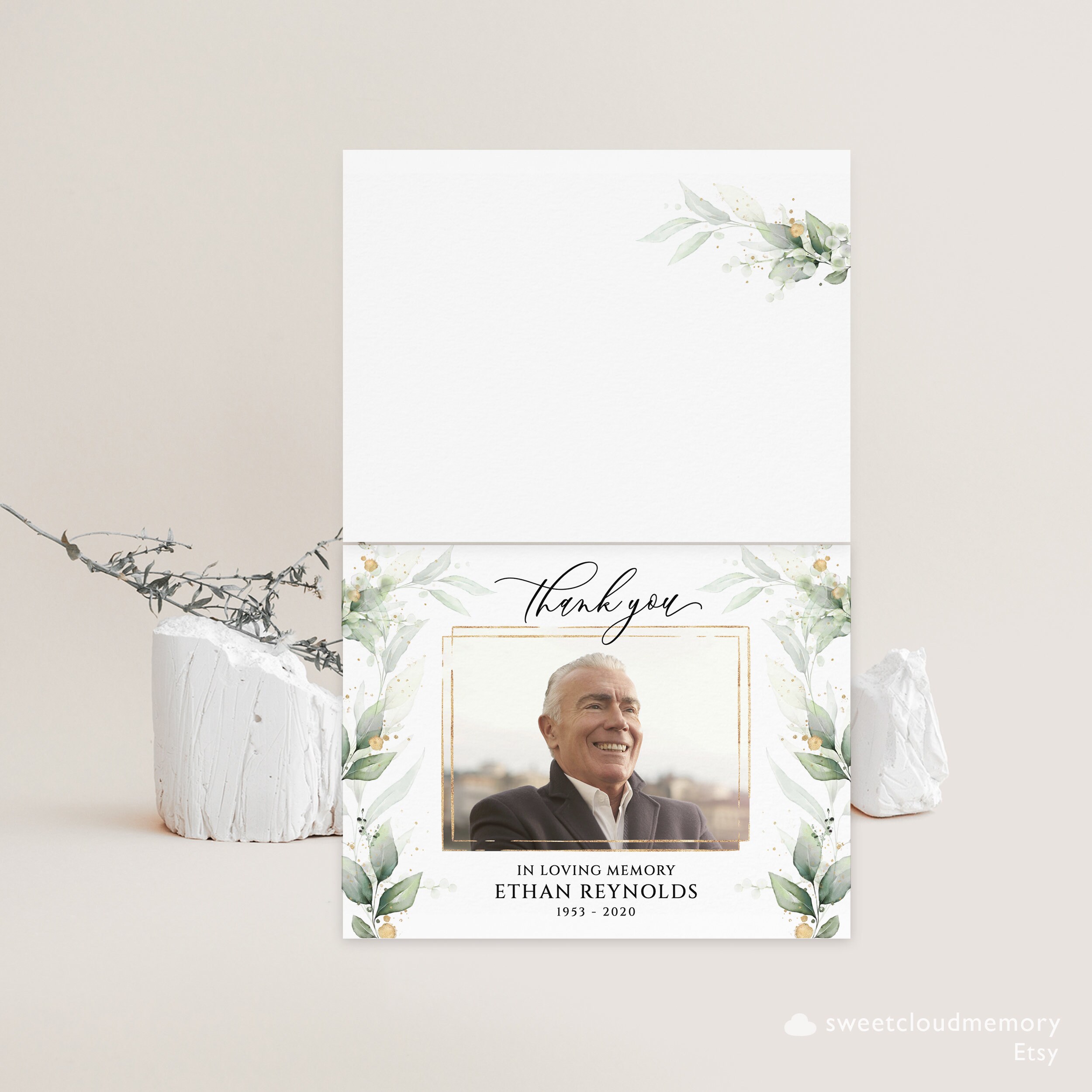 Gold Funeral Thank You Card Greenery Funeral Thank You Photo Editable ...