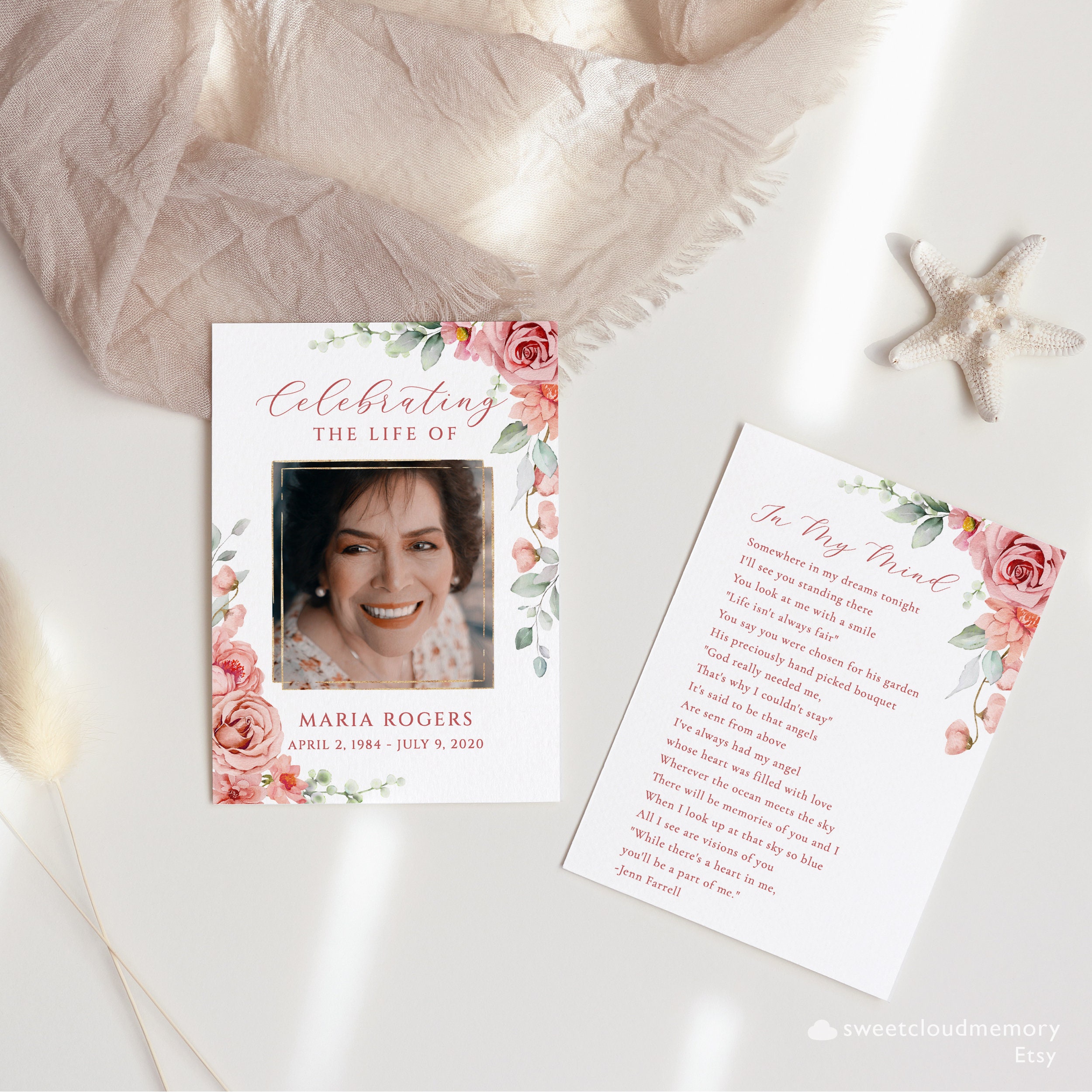 Pink floral Photo Prayer card Editable Coral peach floral | Etsy