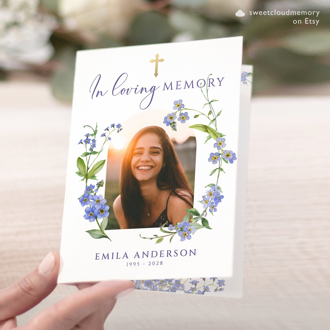Forget Me Nots Flower Funeral Program Template Gold Cross Funeral ...