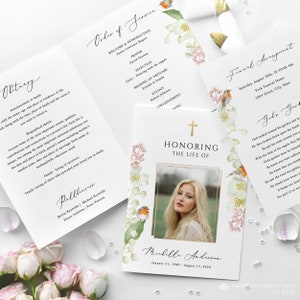 Lily of the Valley & Robin Funeral Program Template Gold Cross White ...