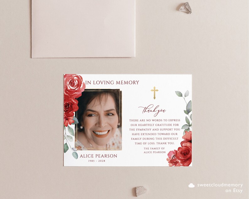 Red Rose Funeral Thank You Card Gold Cross Funeral Thank You Card ...