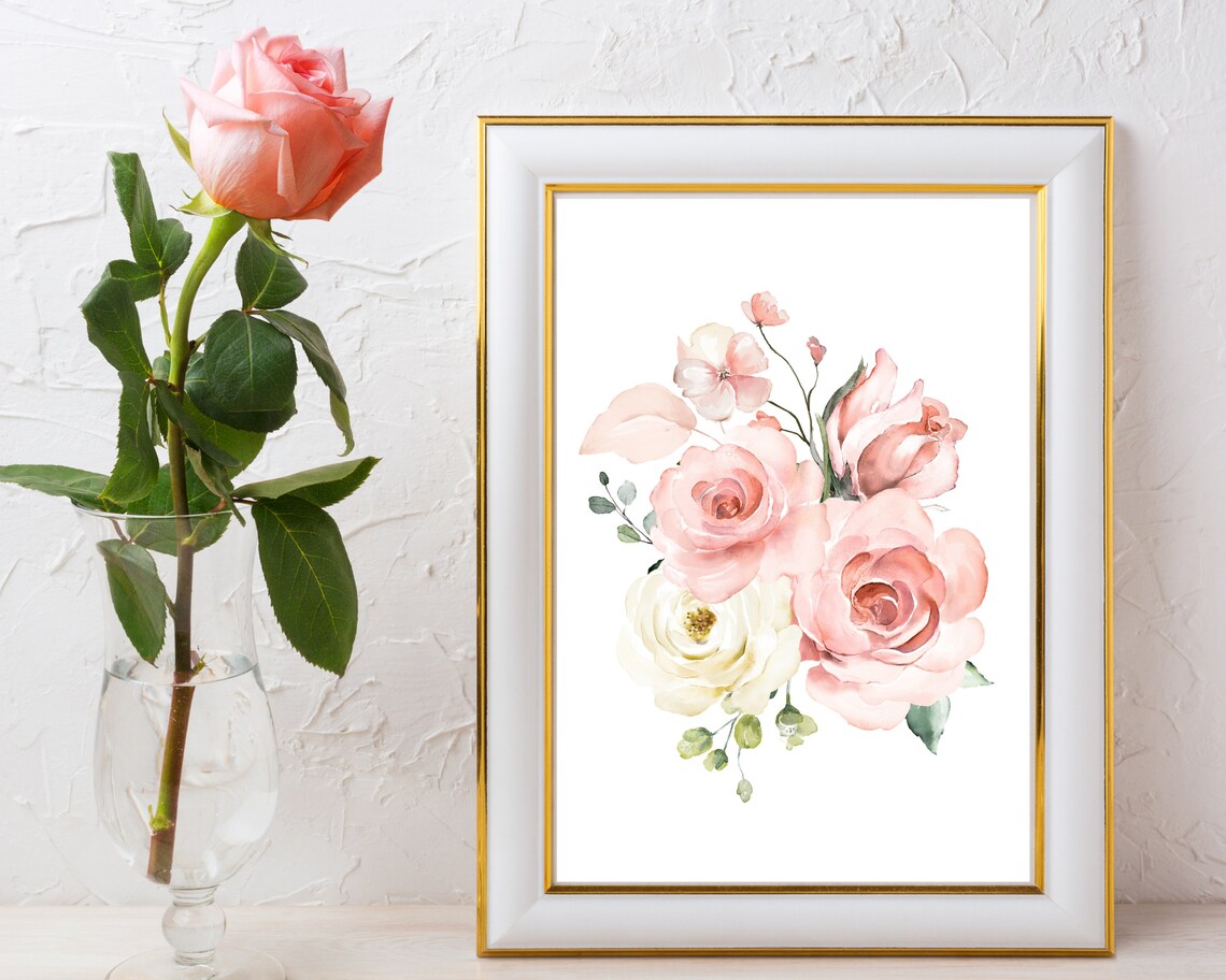 Pink Rose Wall Art Blush Watercolor Flowers Floral Art - Etsy