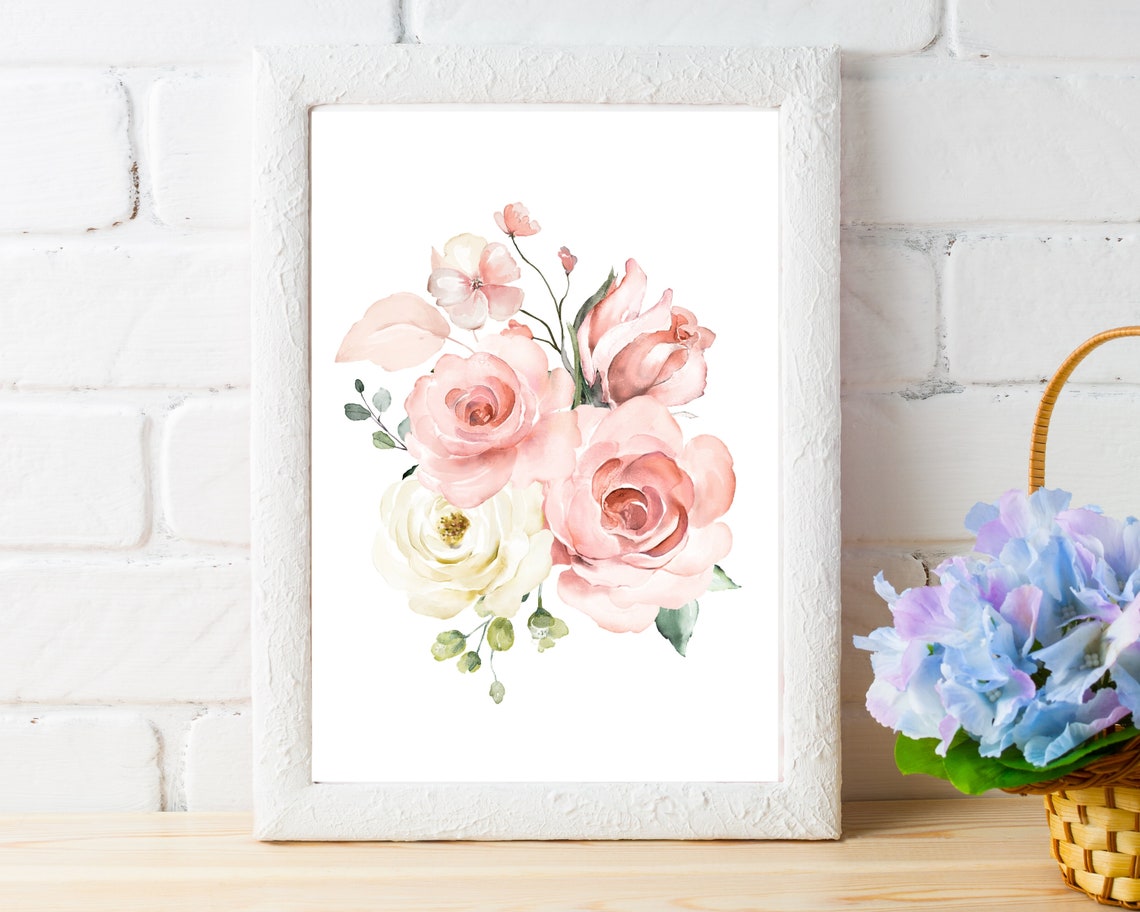 Pink Rose Wall Art Blush Watercolor Flowers Floral Art - Etsy
