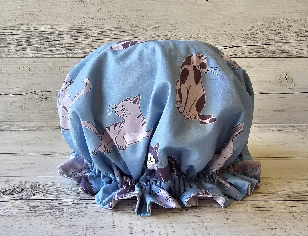 Luxury Waterproof Shower Cap - Blue Grey White Cat Print - Etsy