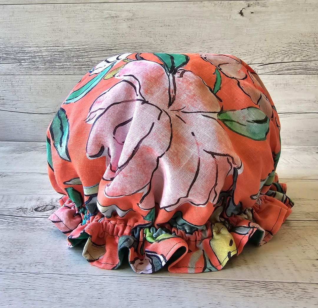 Luxury Waterproof Shower Cap for Women/kids - Orange Green Floral Linen ...