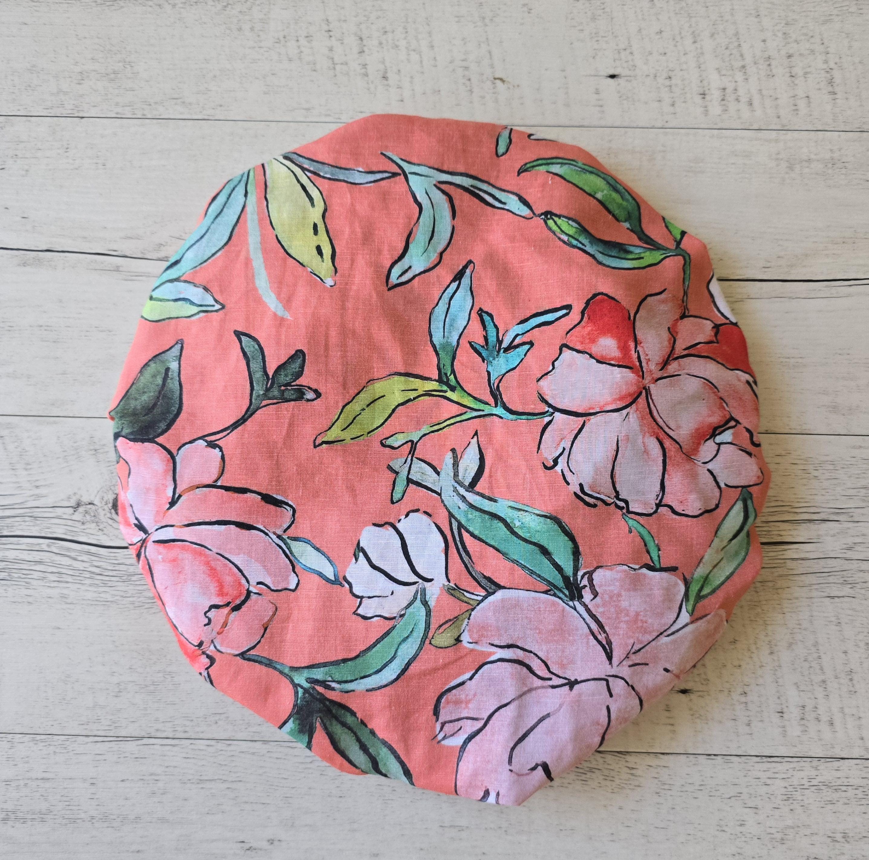 Luxury Waterproof Shower Cap for Women/kids - Orange Green Floral Linen ...