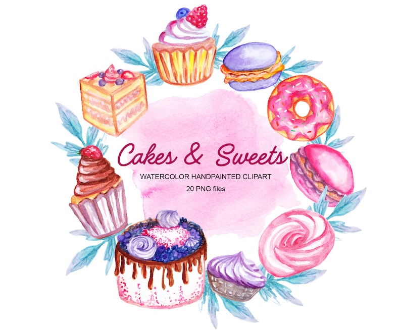 Watercolor desserts clipart Sweet cakes clipart Watercolor | Etsy
