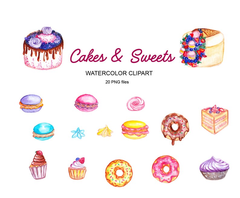 Watercolor desserts clipart Sweet cakes clipart Watercolor | Etsy