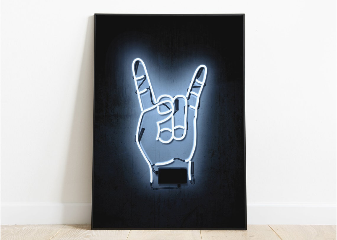 Neon Sign Poster, Rock N Roll, Rock Hand Sign, Wall Decor - Etsy
