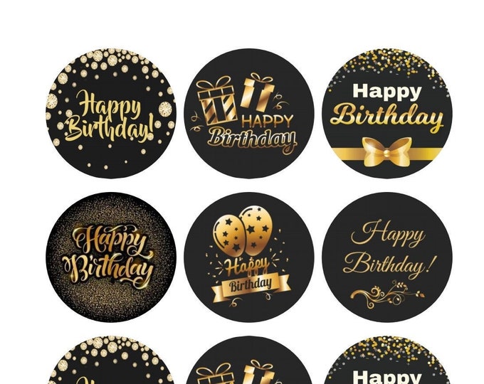 Black & Gold Happy Birthday Cupcake Toppers / Labels / Tags - 12 X 2 ...