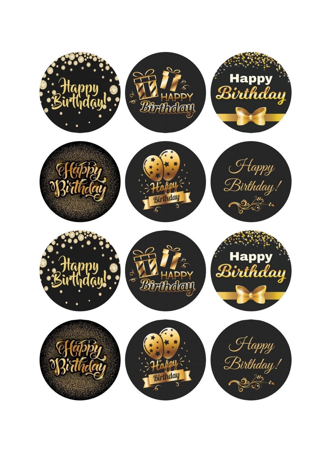 Black & Gold Happy Birthday Cupcake Toppers / Labels / Tags - 12 X 2 ...
