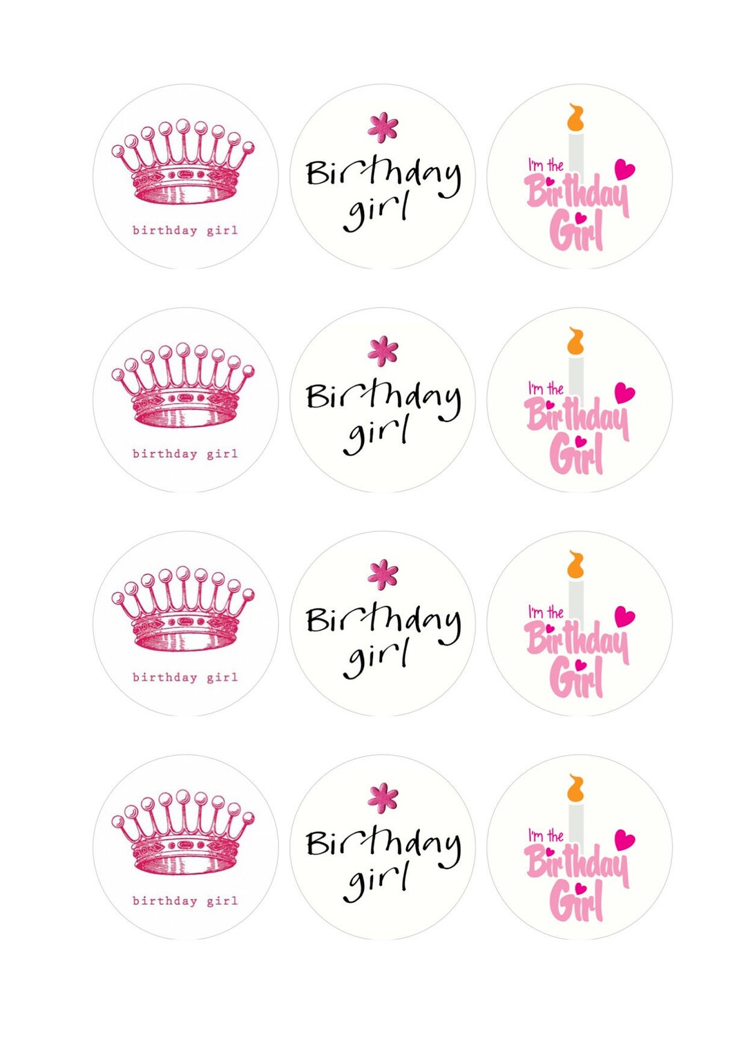 Birthday Girl Cupcake Toppers / Labels / Tags - 12 X 2 Inch Digital ...