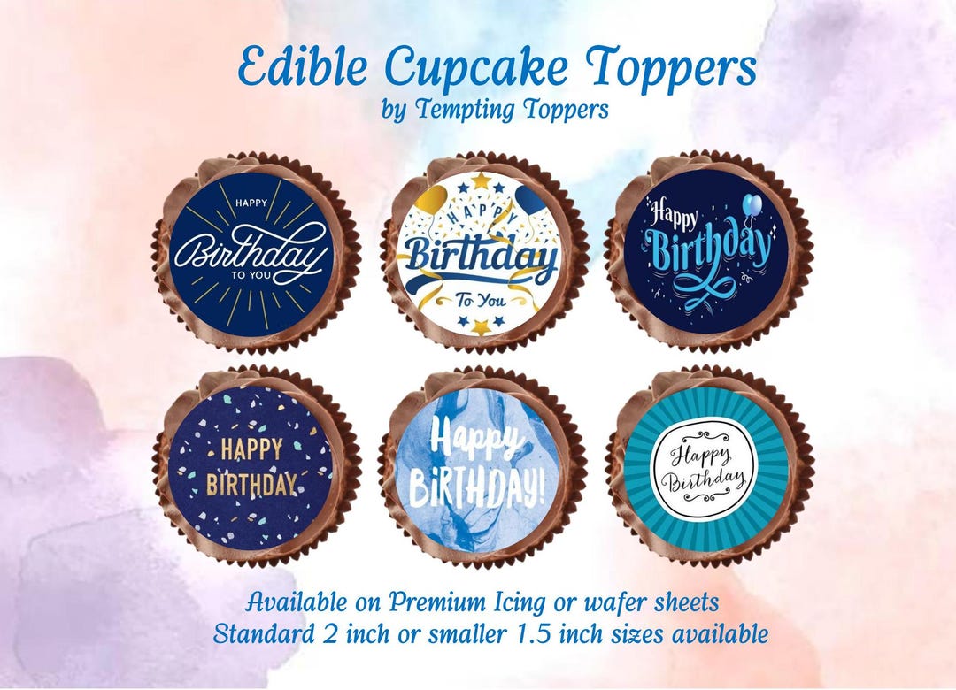 Edible Blue Happy Birthday Cupcake Toppers (2 Inch or 1.5 Inch ...