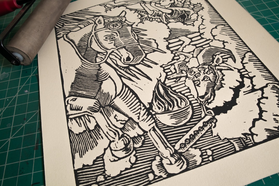 Linoprint-mythical Linocut in Black With Gold Leaf-wall Art-blockprint ...