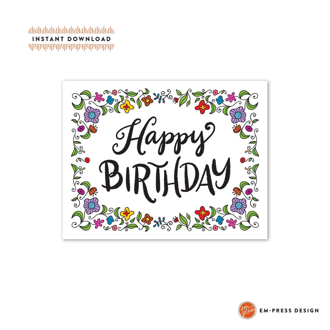 Happy Birthday Floral Border Greeting Card A2 Instant Download Birthday ...