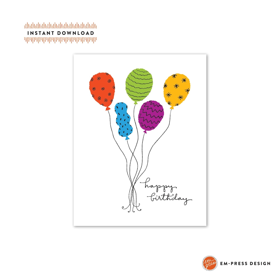 Happy Birthday Balloons Greeting Card A2- Instant Download - Birthday ...