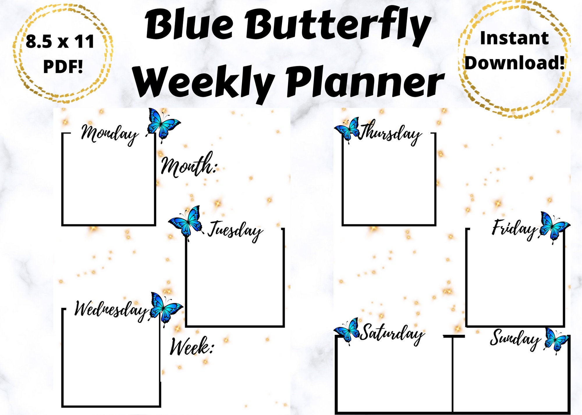 Blue Butterfly Glitter Printable Weekly PlannerWeekly | Etsy