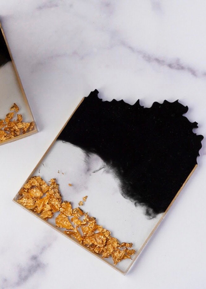 Black {OR} White Resin Coasters With GOLD FLAKES: Set of 4 Unique ...
