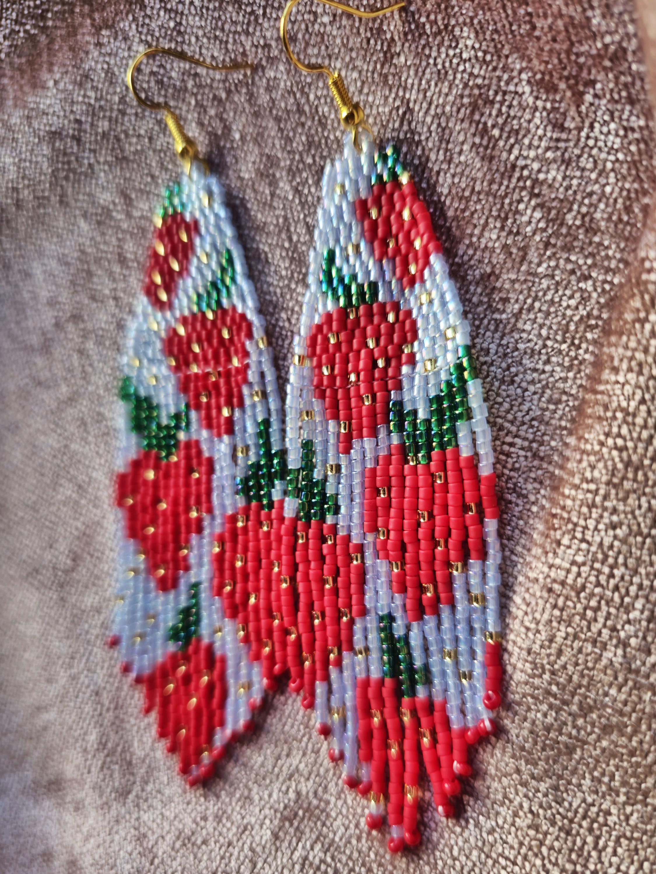 Strawberry Beaded Fringe Earrings: Long Seed Bead Earrings - Etsy