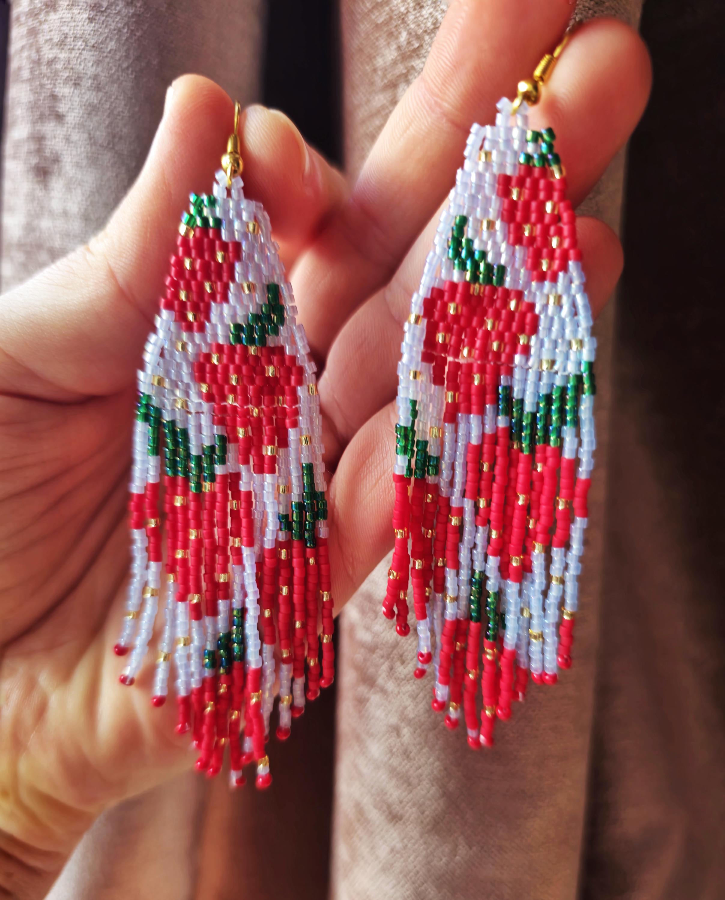 Strawberry Beaded Fringe Earrings: Long Seed Bead Earrings - Etsy