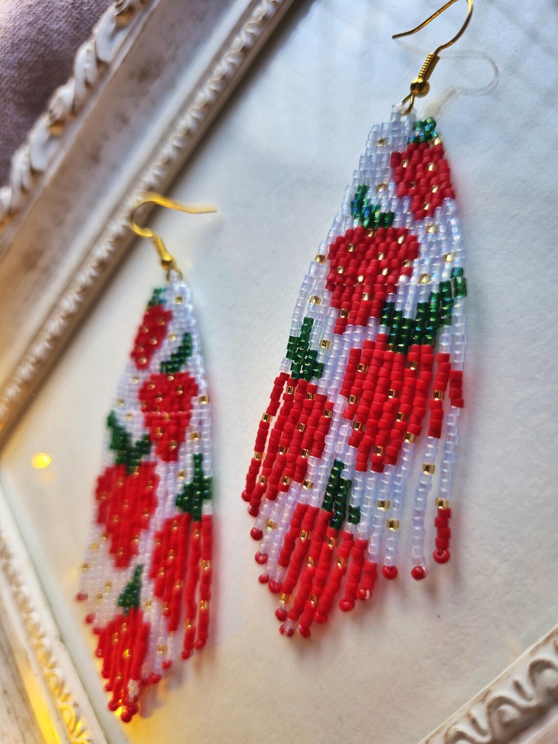 Strawberry Beaded Fringe Earrings: Long Seed Bead Earrings - Etsy