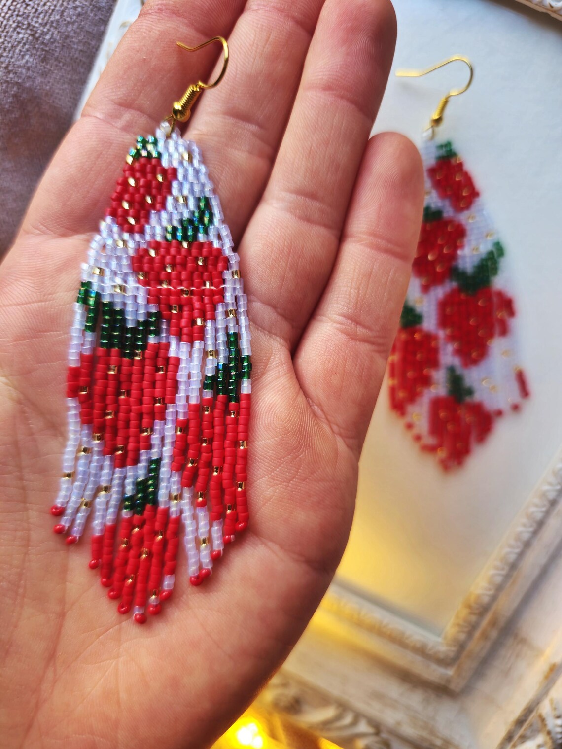 Strawberry Beaded Fringe Earrings: Long Seed Bead Earrings - Etsy