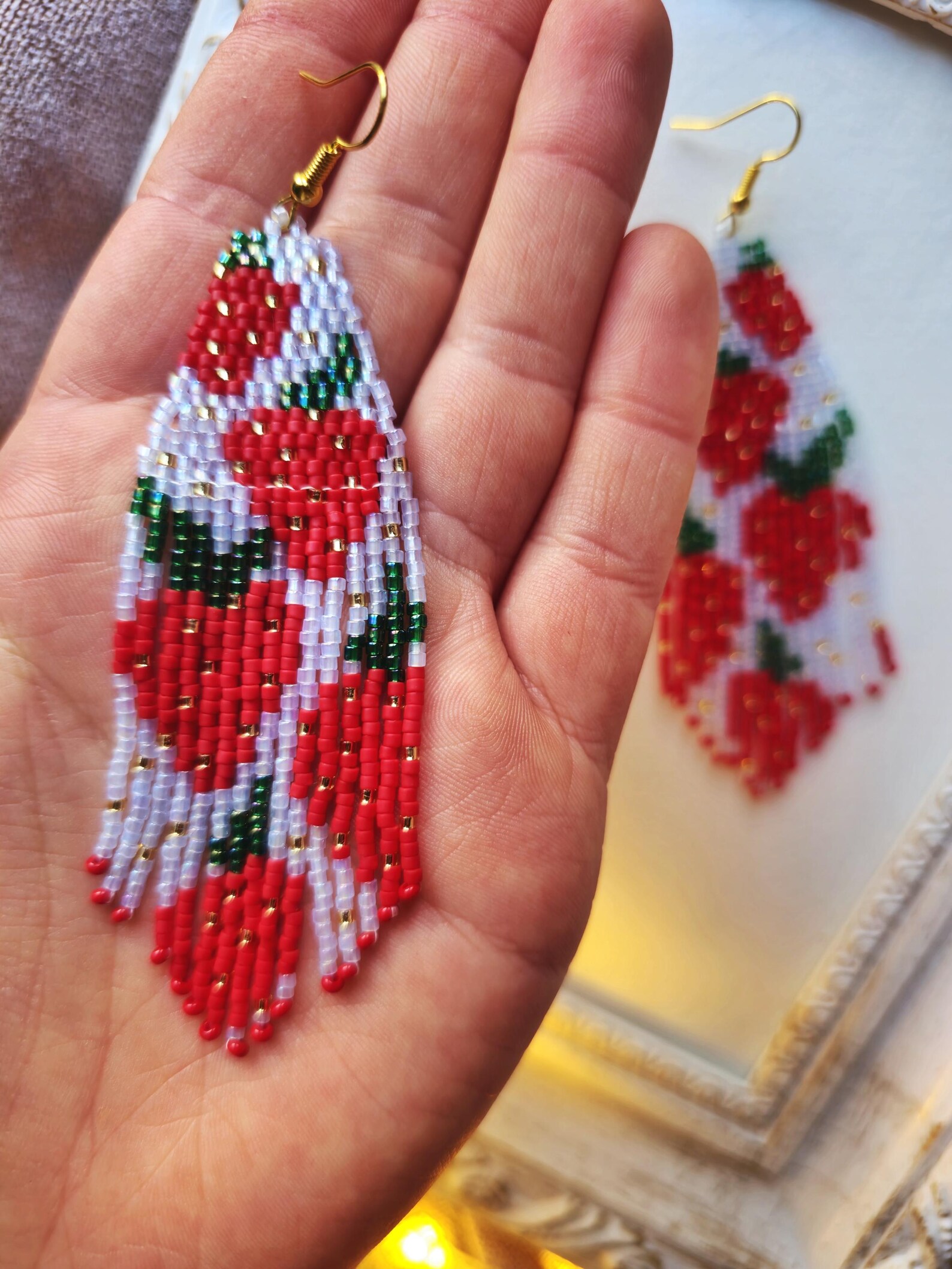 Strawberry Beaded Fringe Earrings: Long Seed Bead Earrings - Etsy