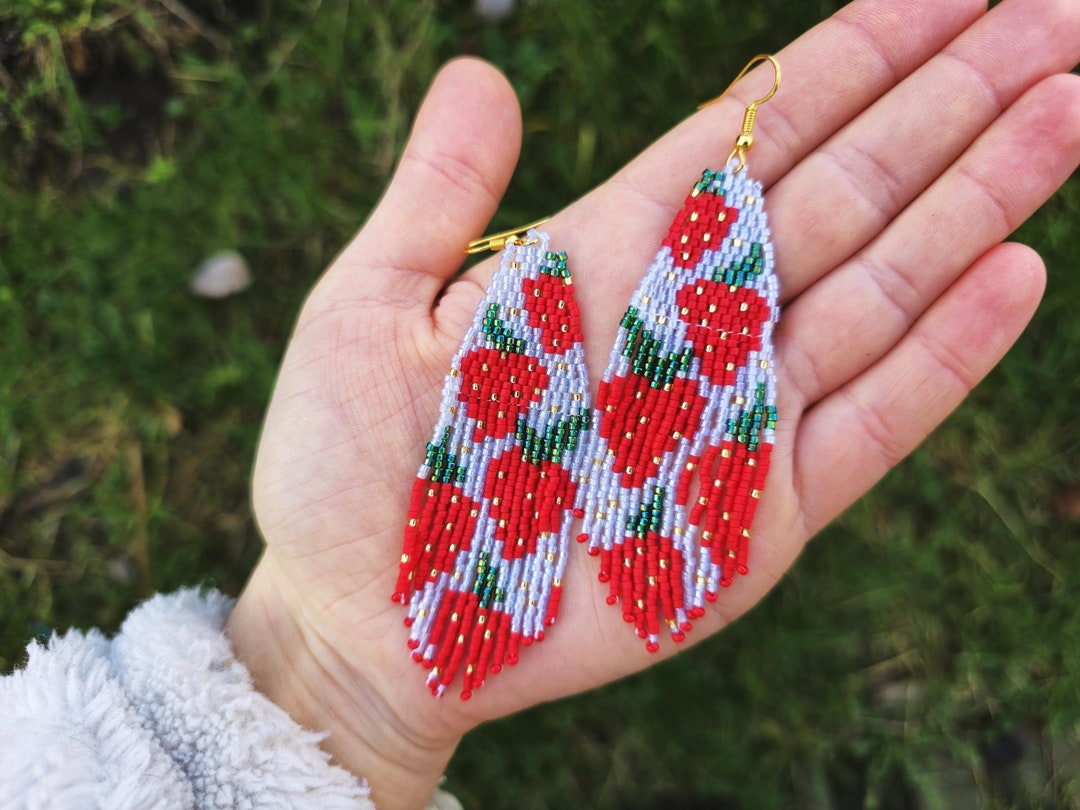 Strawberry Beaded Fringe Earrings: Long Seed Bead Earrings - Etsy